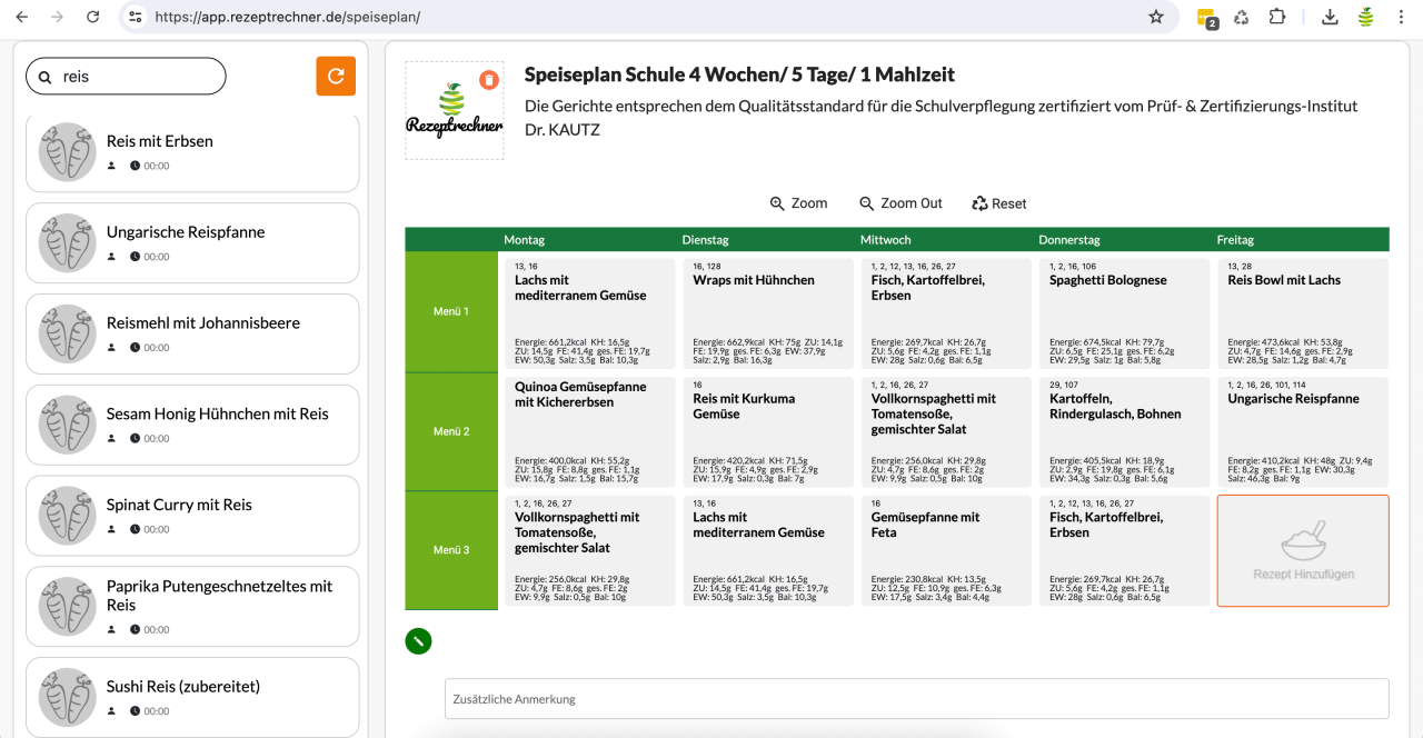 Speiseplan für Schule erstellen | Rezeptrechner Software
