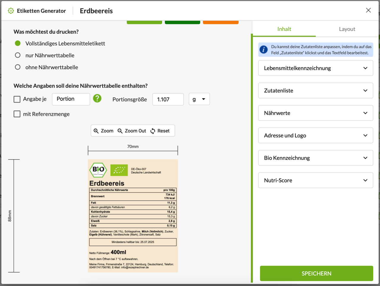 Speiseeis Kennzeichnung | Rezeptrechner Software